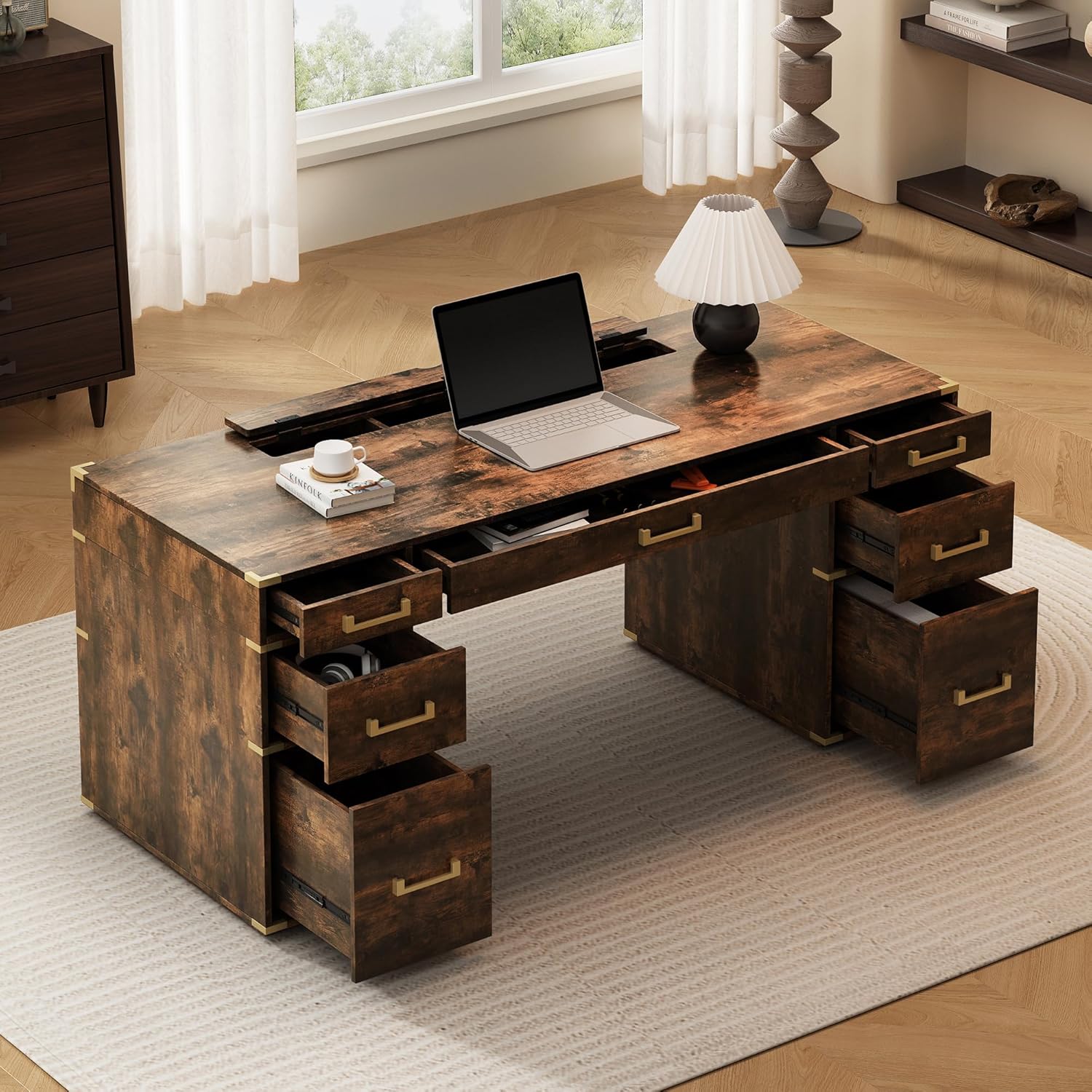 Amazon.com: Quarte 70" Executive Desk with Metal Edge Trim, 2 File ...