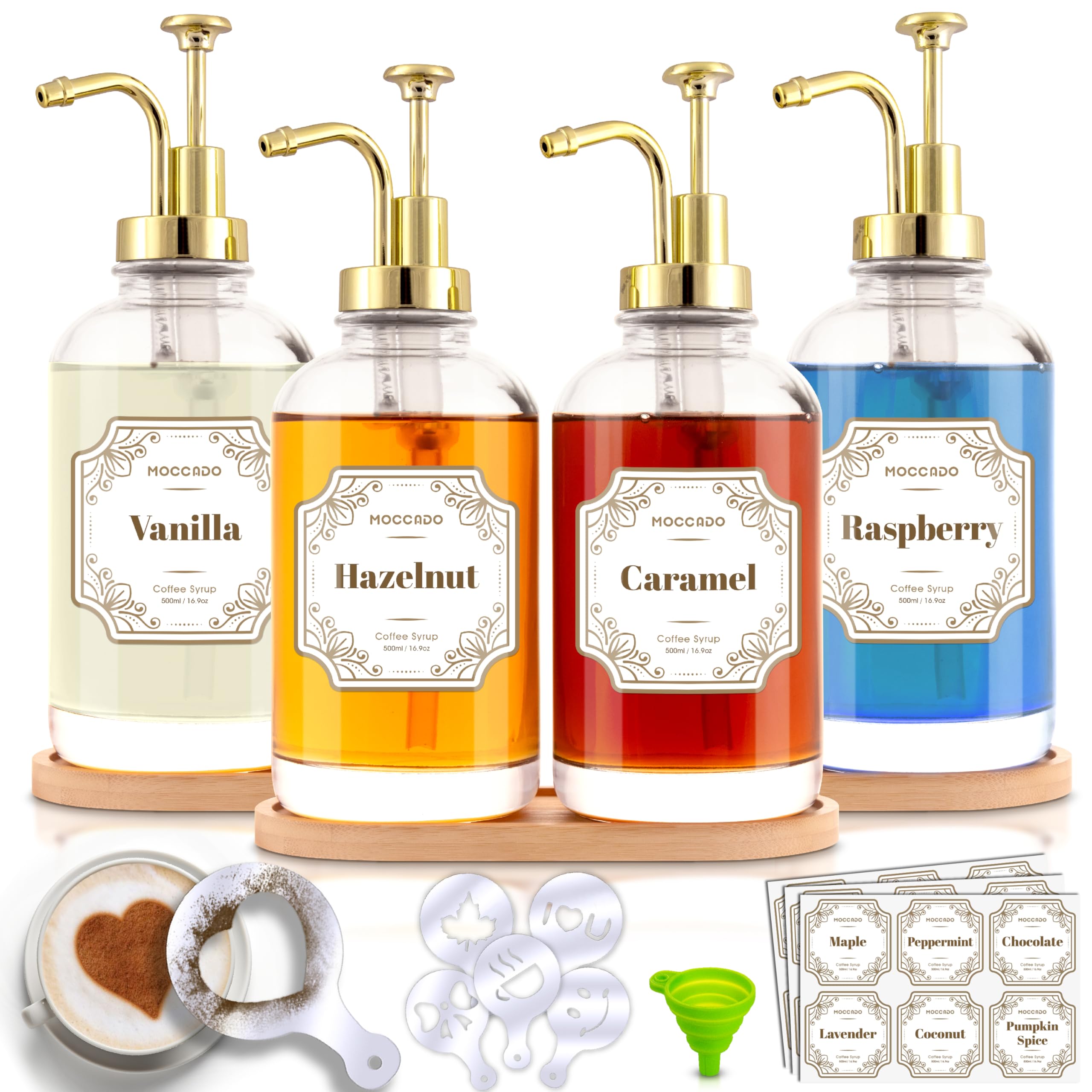 Amazon.com: Glass Coffee Syrup Dispenser with Pump Set of 4 - Gold ...