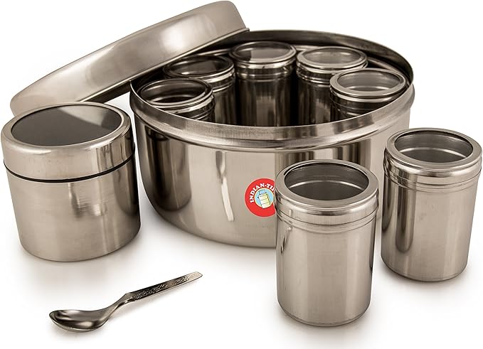 Authentic Indian Masala Dabba Spice Box with airtight lids (Steel lid ...