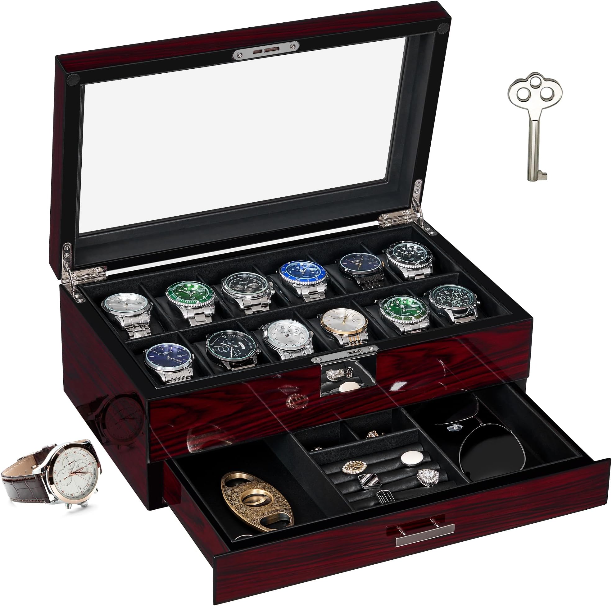 Amazon.com: ANWBROAD 12 Watch Case Watch Box with Large Glass Lid ...