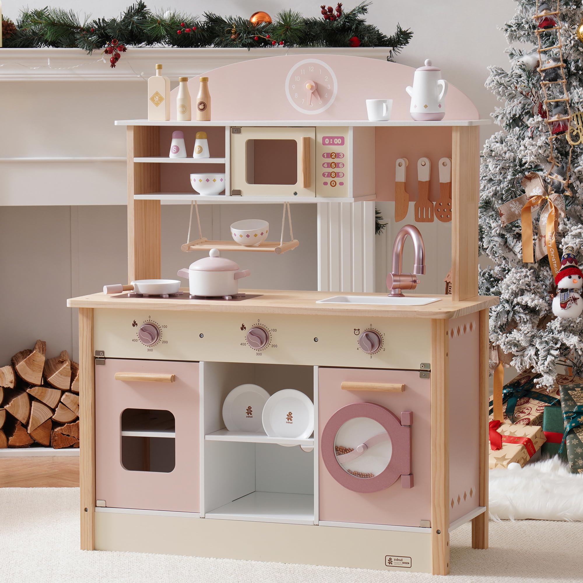 Amazon.com: ROBUD Play Kitchen for Kids Toddlers, Wooden Play Kitchen ...