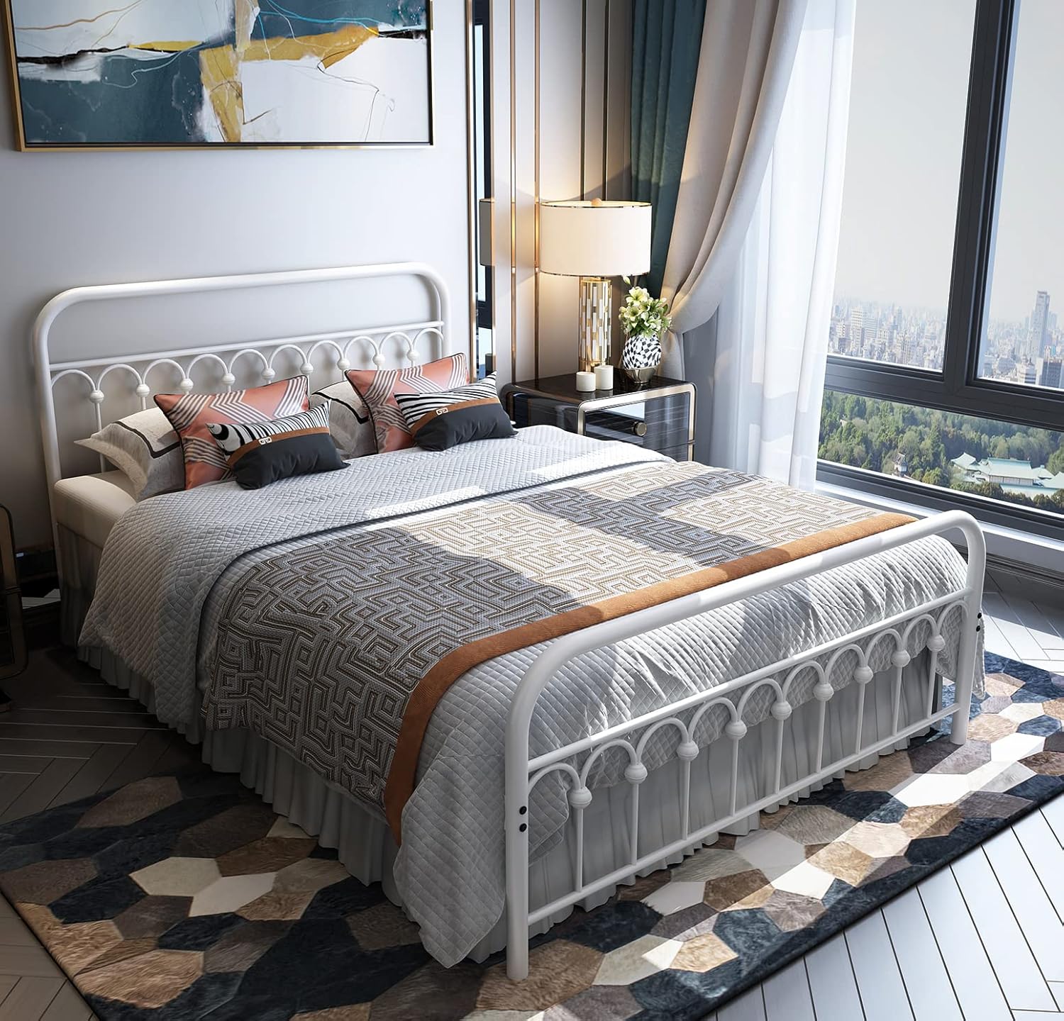 Amazon.com: Vintage Sturdy Queen Size Metal Bed Frame with Headboard ...