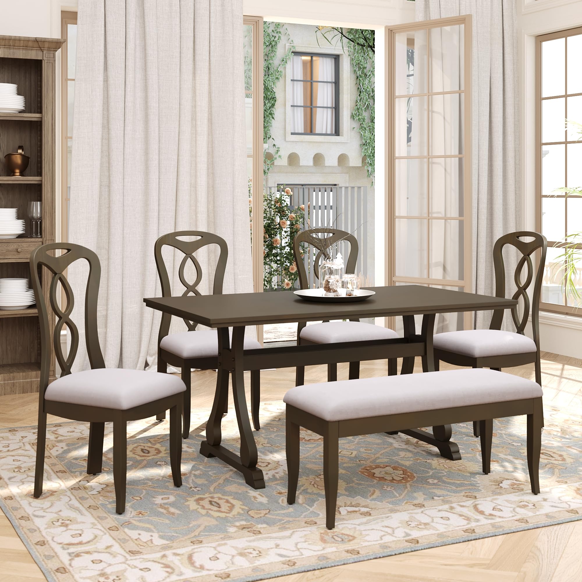 Amazon.com - THINK 30 6-Piece Trestle Dining Table Set with Upholstered ...