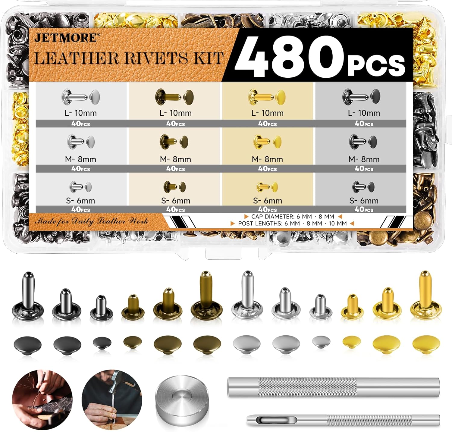 Amazon.com: Jetmore 480 Pack Leather Rivets, Brass Rivets for Fabric ...