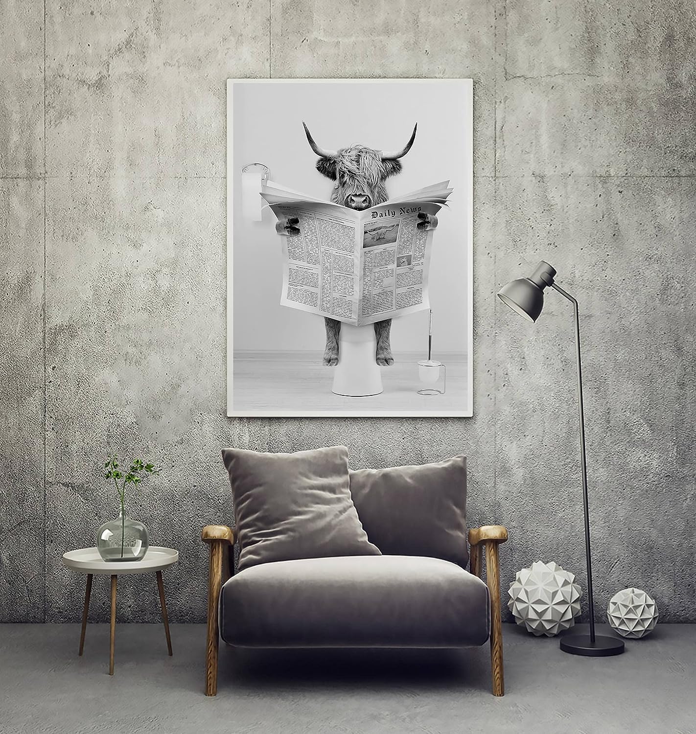 MKHFUW Scottish Highland Cow Wall Art Black and White Canvas Picture Cottage Bathroom Decorative ...