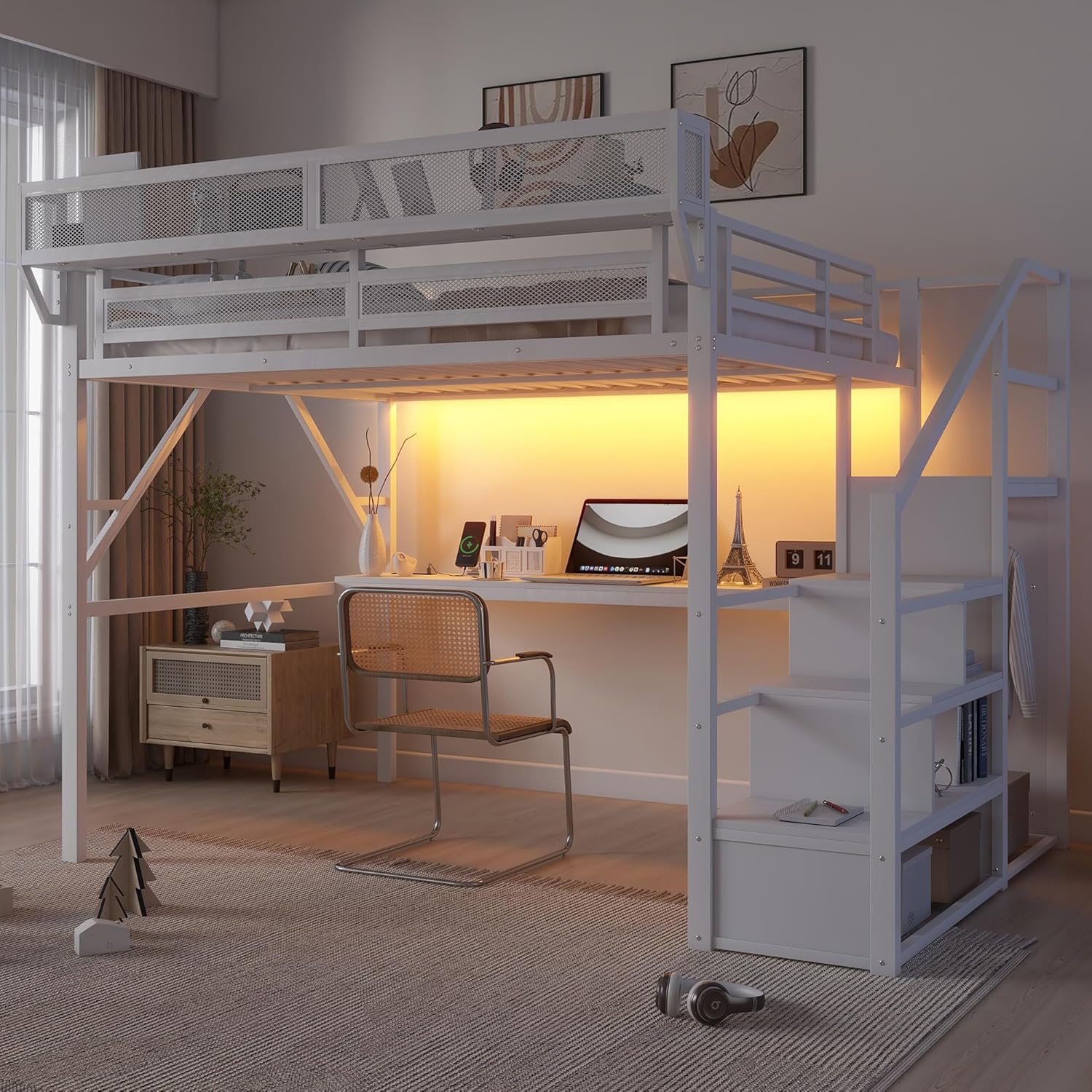 Amazon.com: Queen Loft Bed with Desk and RGB Light, Metal Loft Bed Frame with Stairs and Bedside ...