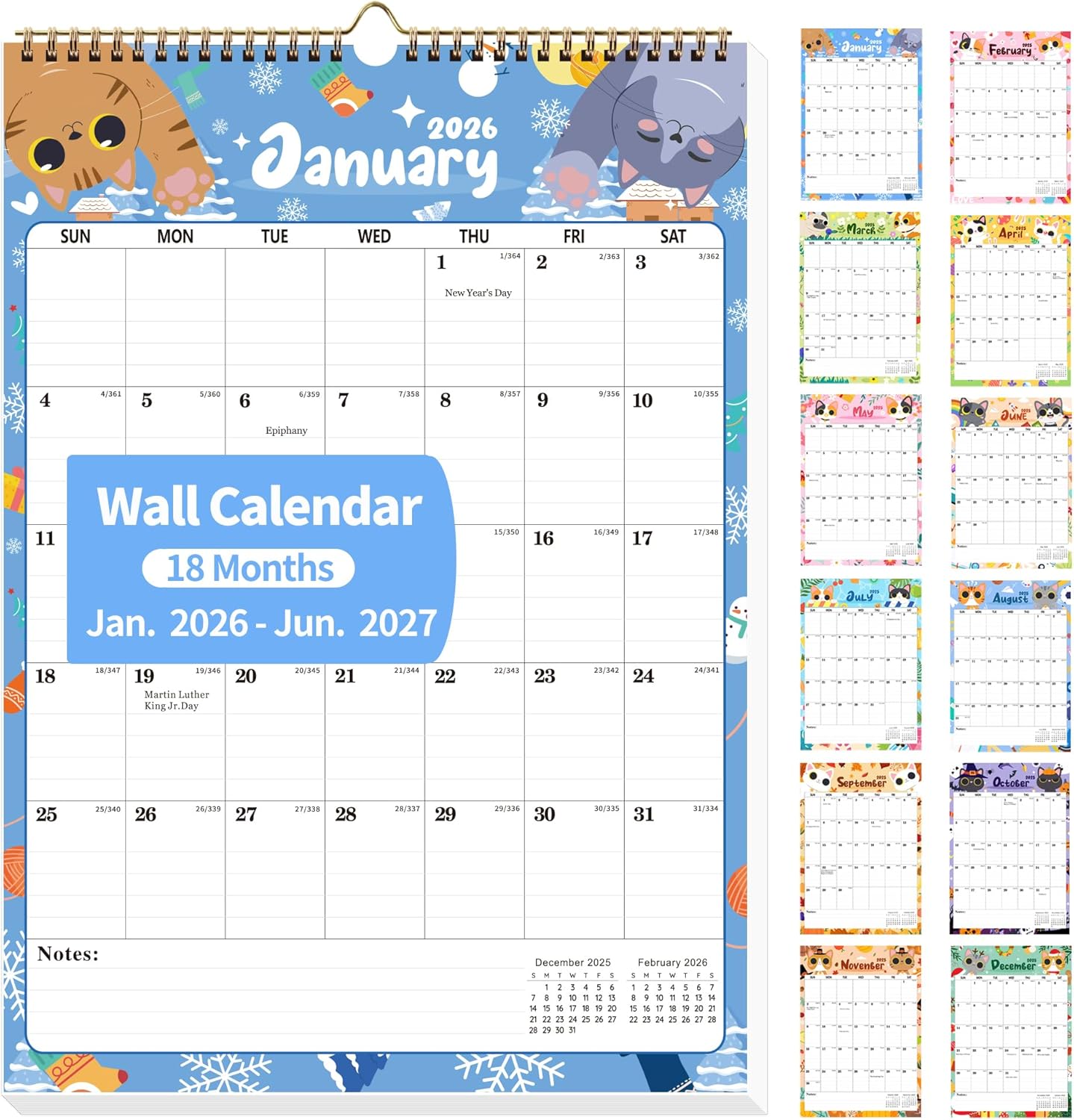 Wall Calendar 2026, Large Cat Calendar 2026-2027 from Jan. 2026 to Jun ...