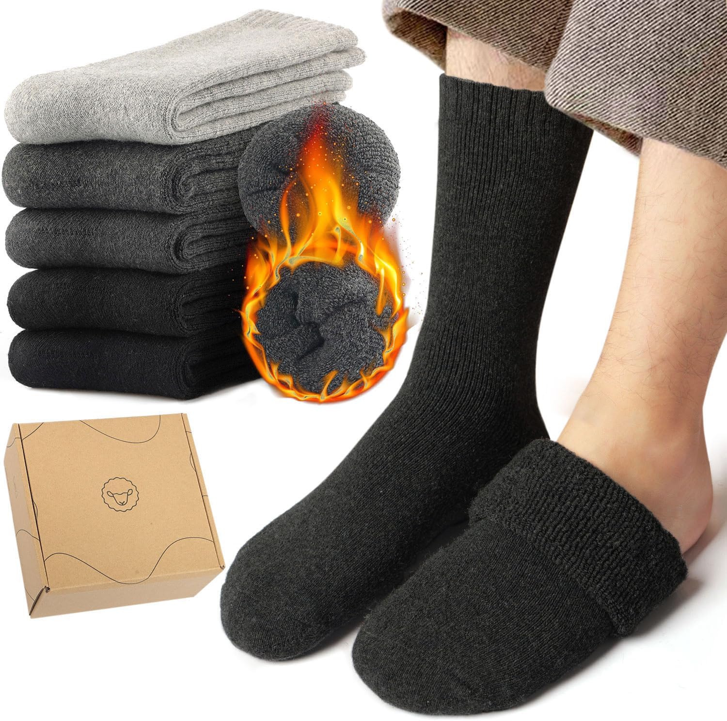 Amazon.com: Toes Home Mens Socks for Winter, Warm Crew Wool Thermal ...