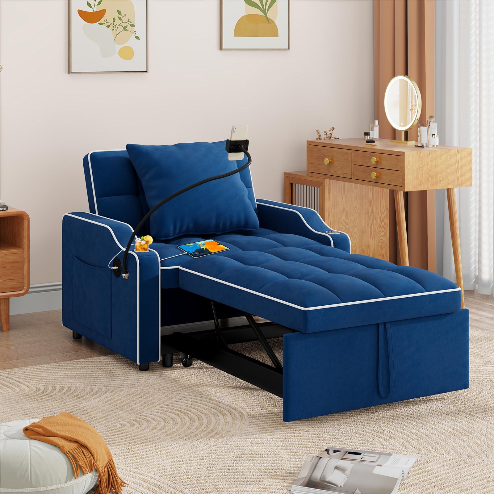 Amazon.com: Convertible Sleeper Sofa Chair Bed,3 In 1 Velvet Tufted ...