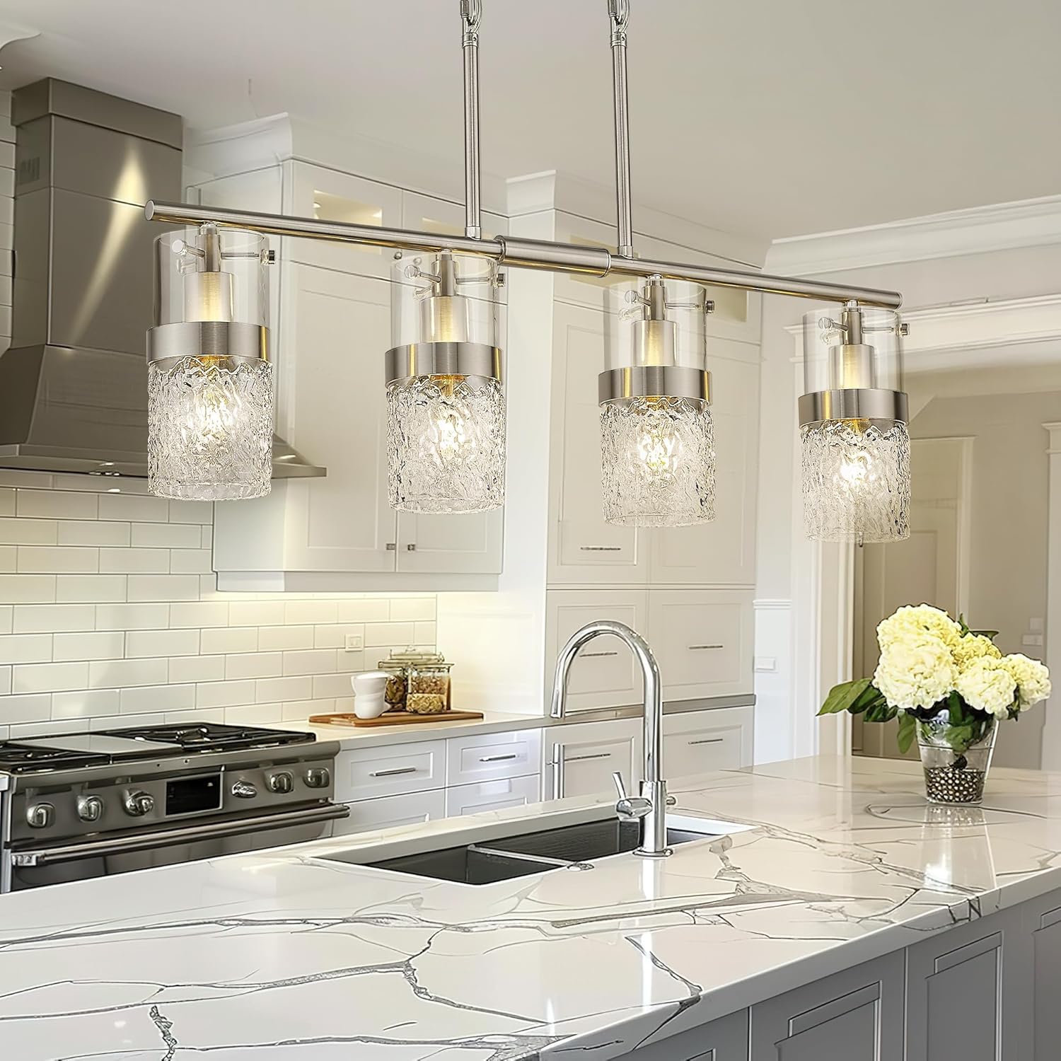 LMS 4-Light Brushed Nickel Island Chandelier Lights for Kitchen, Mid ...