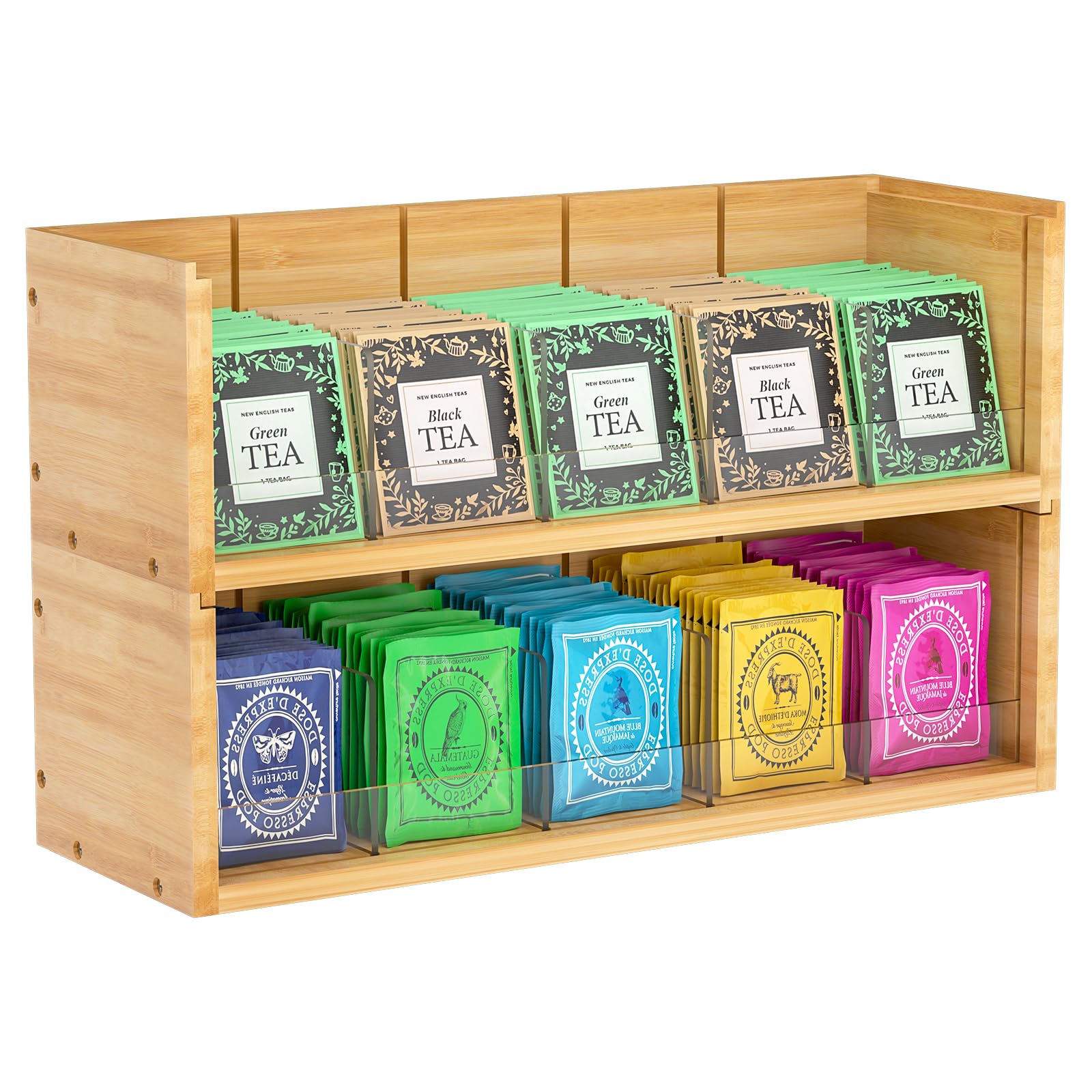 Amazon.com: Bamboo Tea Bag Organizer for Countertop, 2-Tier Stackable ...