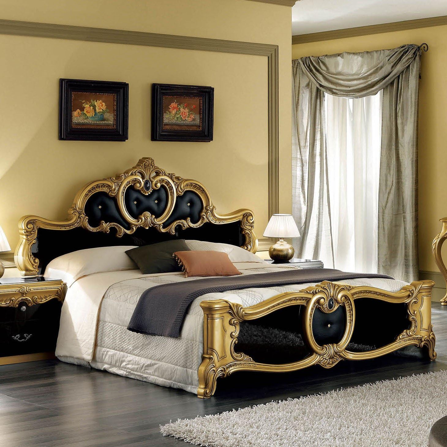 Amazon.com: King Barocco Traditional Panel Bed in Black / Gold : Home ...
