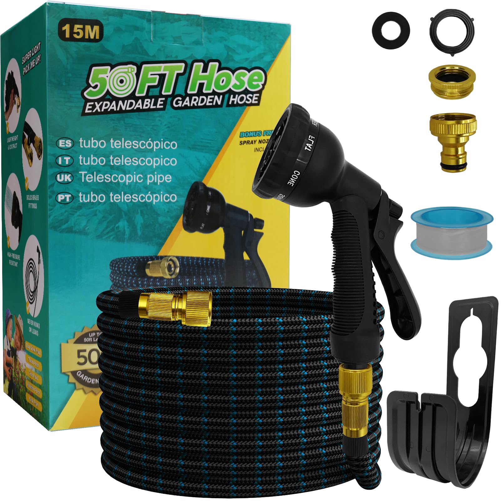 Expandable Garden Hose Pipe 15m 50ft, Upgraded 4-Layer Latex Hose Pipe ...