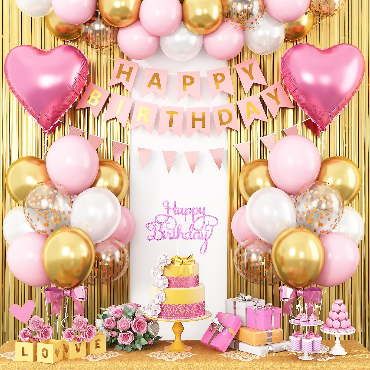 Amazon.com: Pink Gold Birthday Decorations for Girls,Happy Birthday Decorations for Women,Gold ...