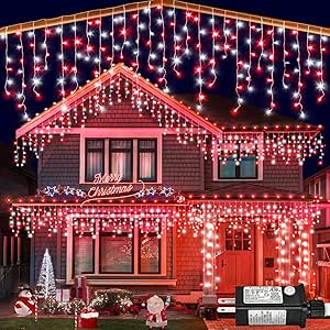 33ft Icicle Lights for Outside, Red and White Christmas Lights Outdoor ...