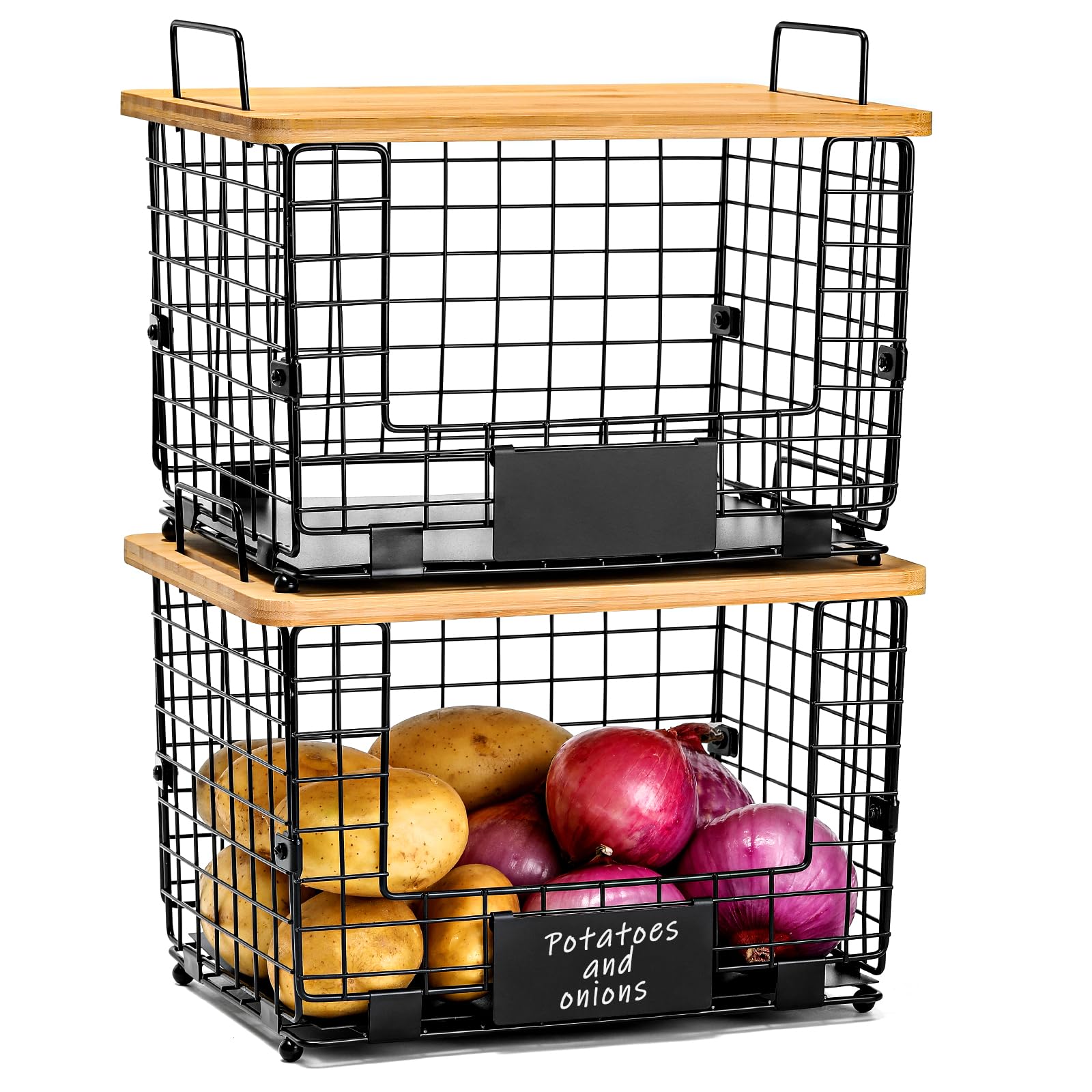 Amazon.com - 2 Set Stackable Wire Basket with Bamboo Top, Kitchen ...