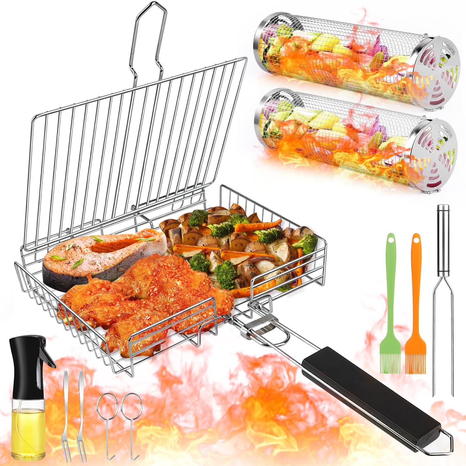 Amazon.com: Rolling Grill Basket - Portable Vegetable Grilling Basket ...