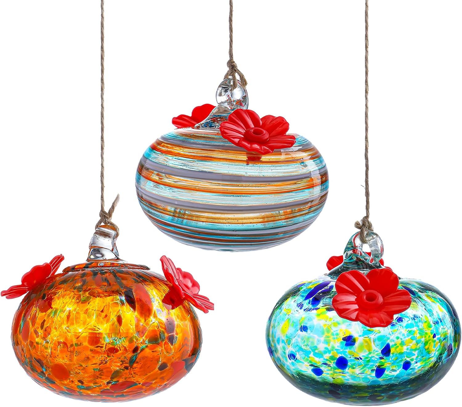 Amazon.com : 3 Blown Glass Hummingbird Feeders for Outdoors Bundle ...