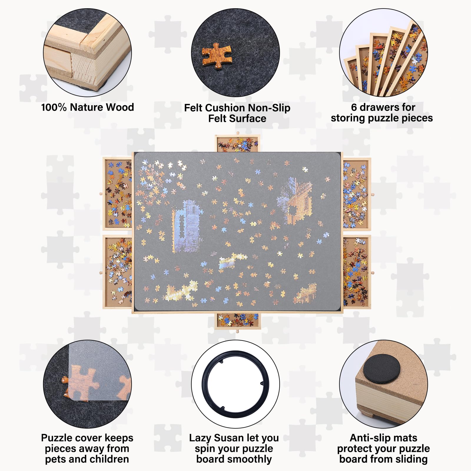 1000 Piece Wooden Jigsaw Puzzle Board 6 Drawers 30”X 22”Rotating Puzzle ...