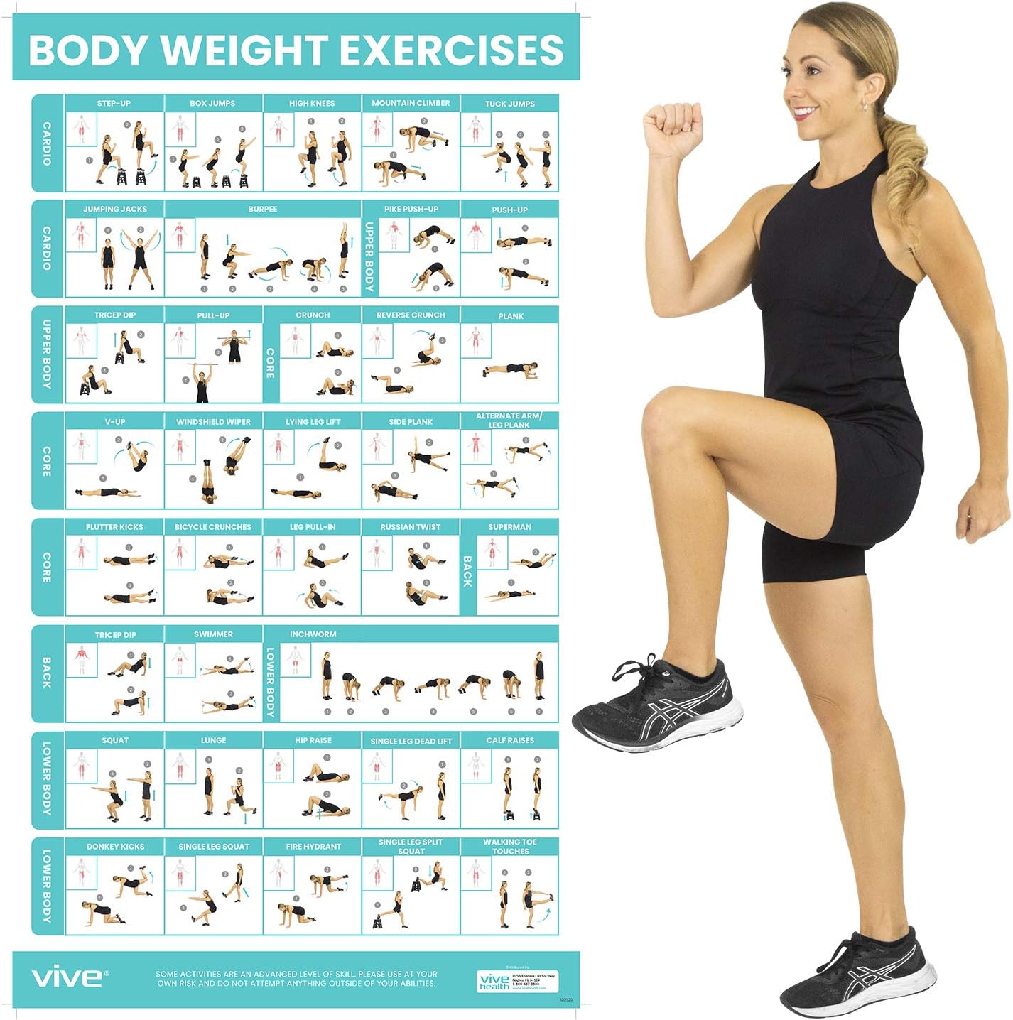 Vive Body Weight Workout Poster - Bodyweight Exercises For Home Gym ...