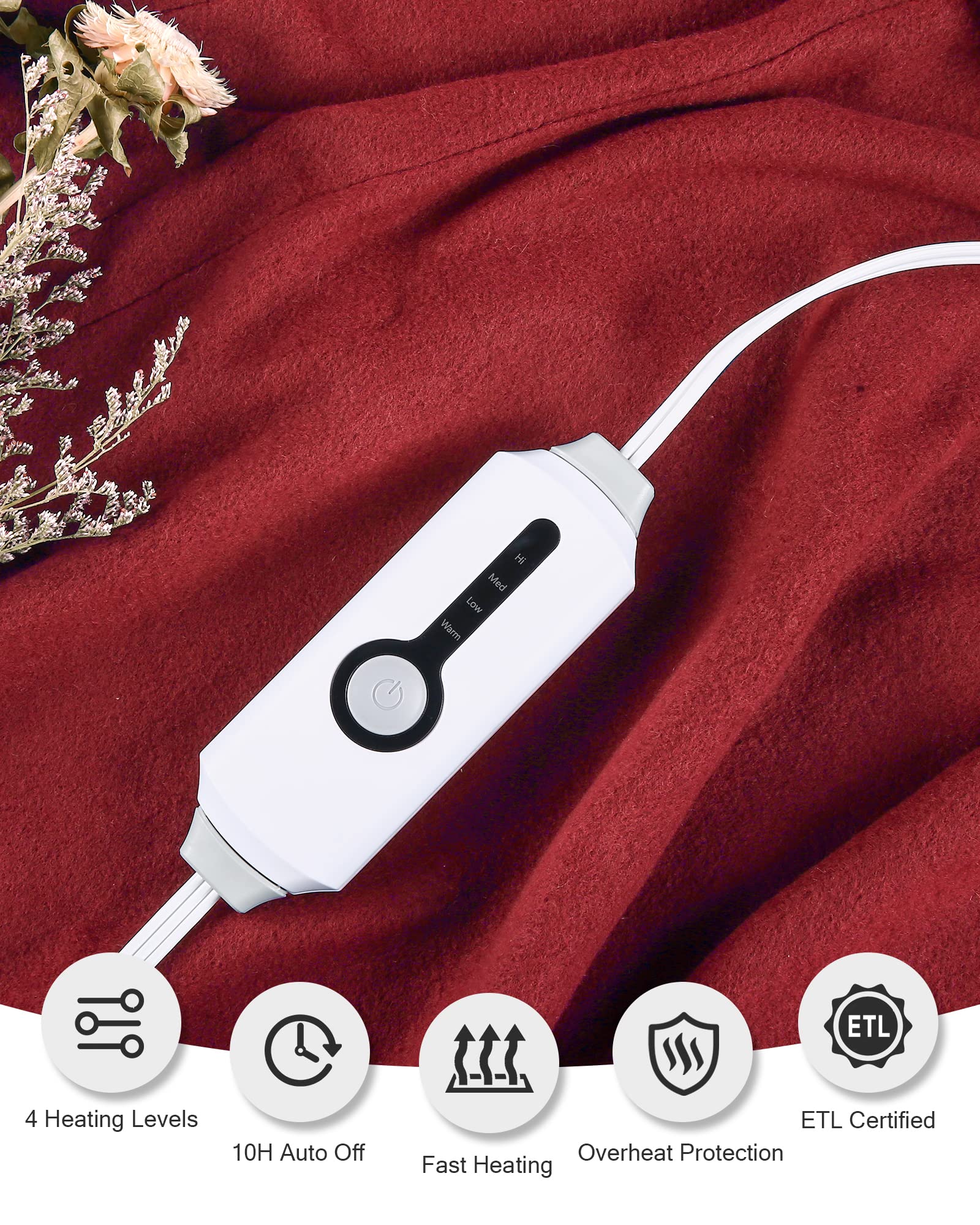 Heated Blanket 72" x 84" Full Size with 4 Heating Levels, 10H Auto Shut ...