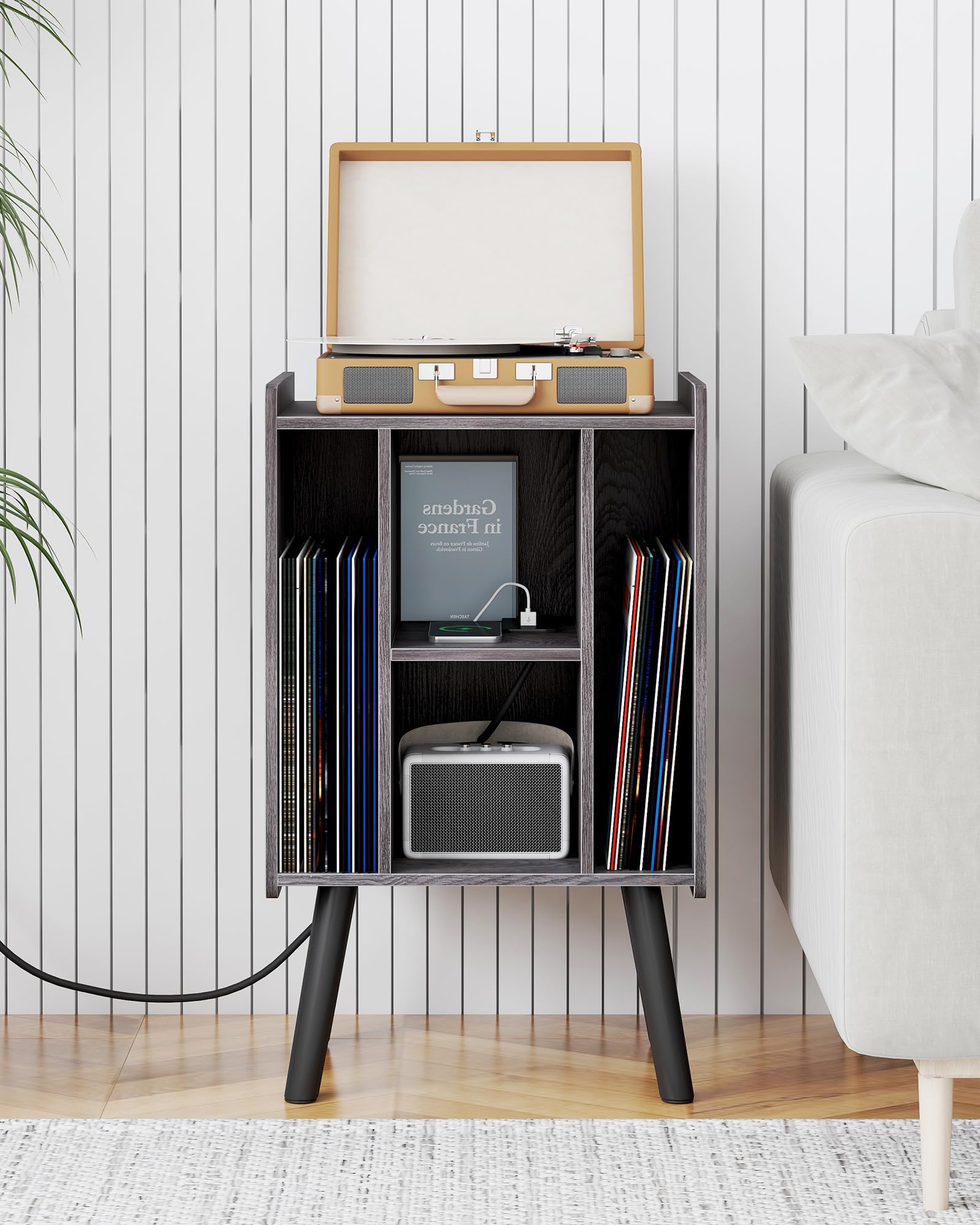 Yusong Nightstand Bedside Table with with Vinyl Record Storage, Record ...