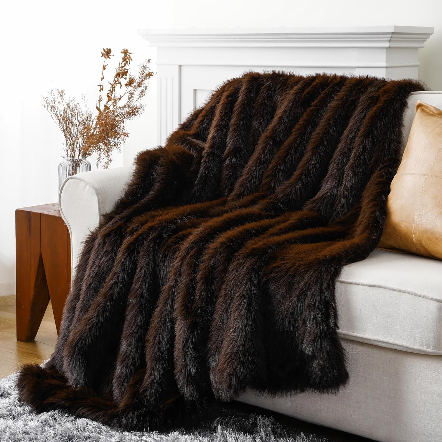 BATTILO HOME Luxury Chocolate Brown Faux Fur Throw Blanket 50"x 60 ...