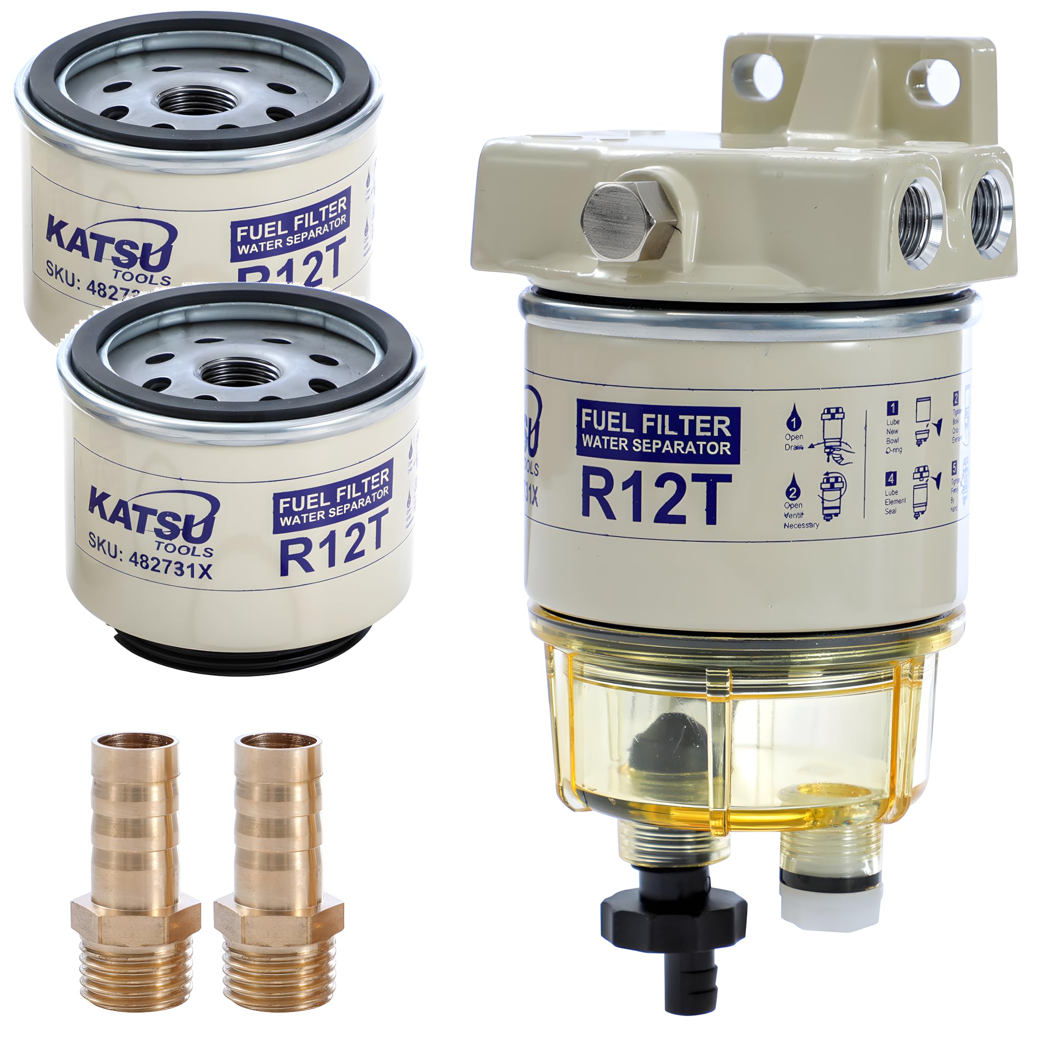 KATSU Diesel Filter Water Seperator Trap Assy R12T with 2 Extra Filters ...