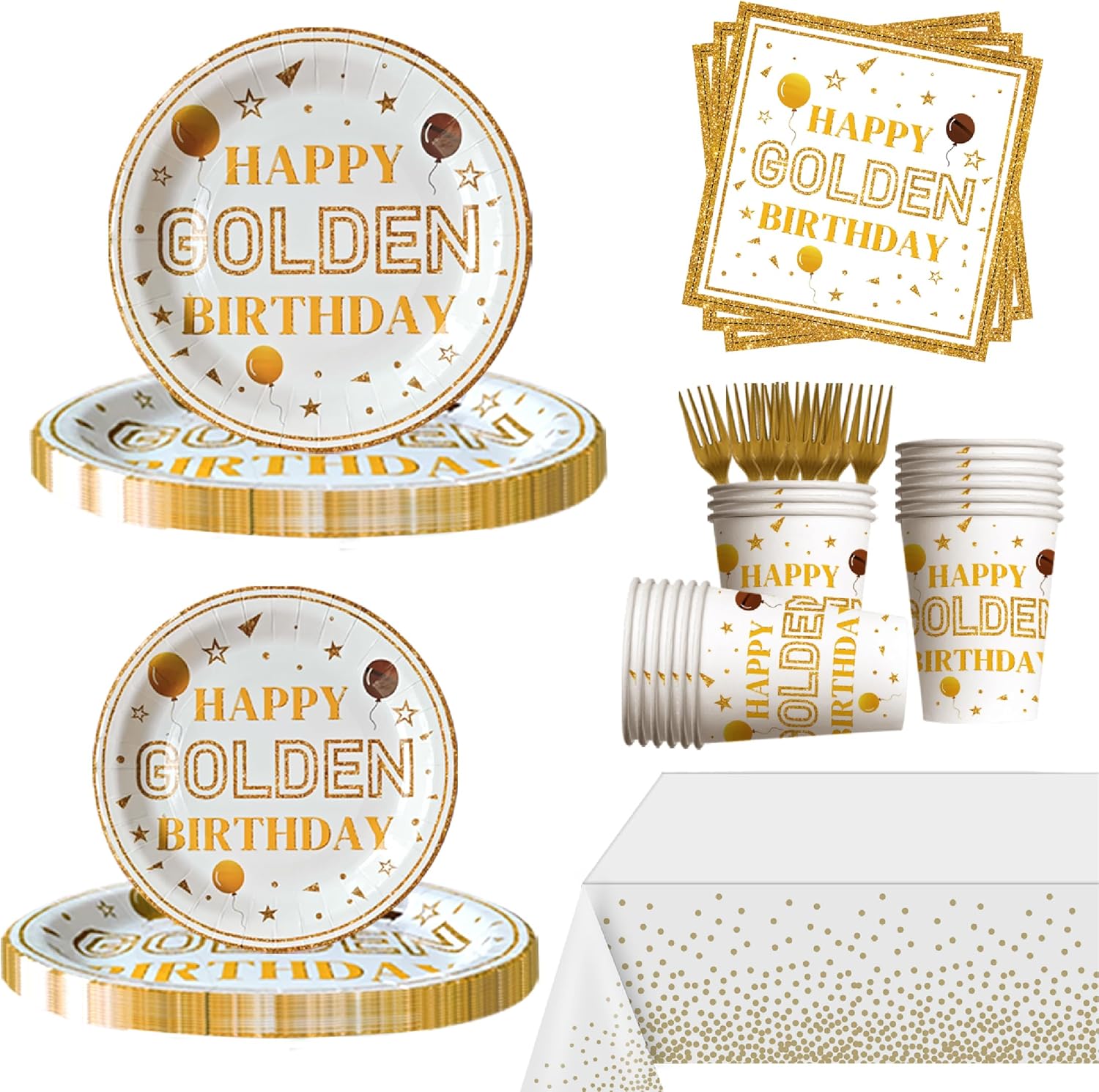 Amazon.com: 126Pcs Happy Golden Birthday Party Decorations, Disposable ...