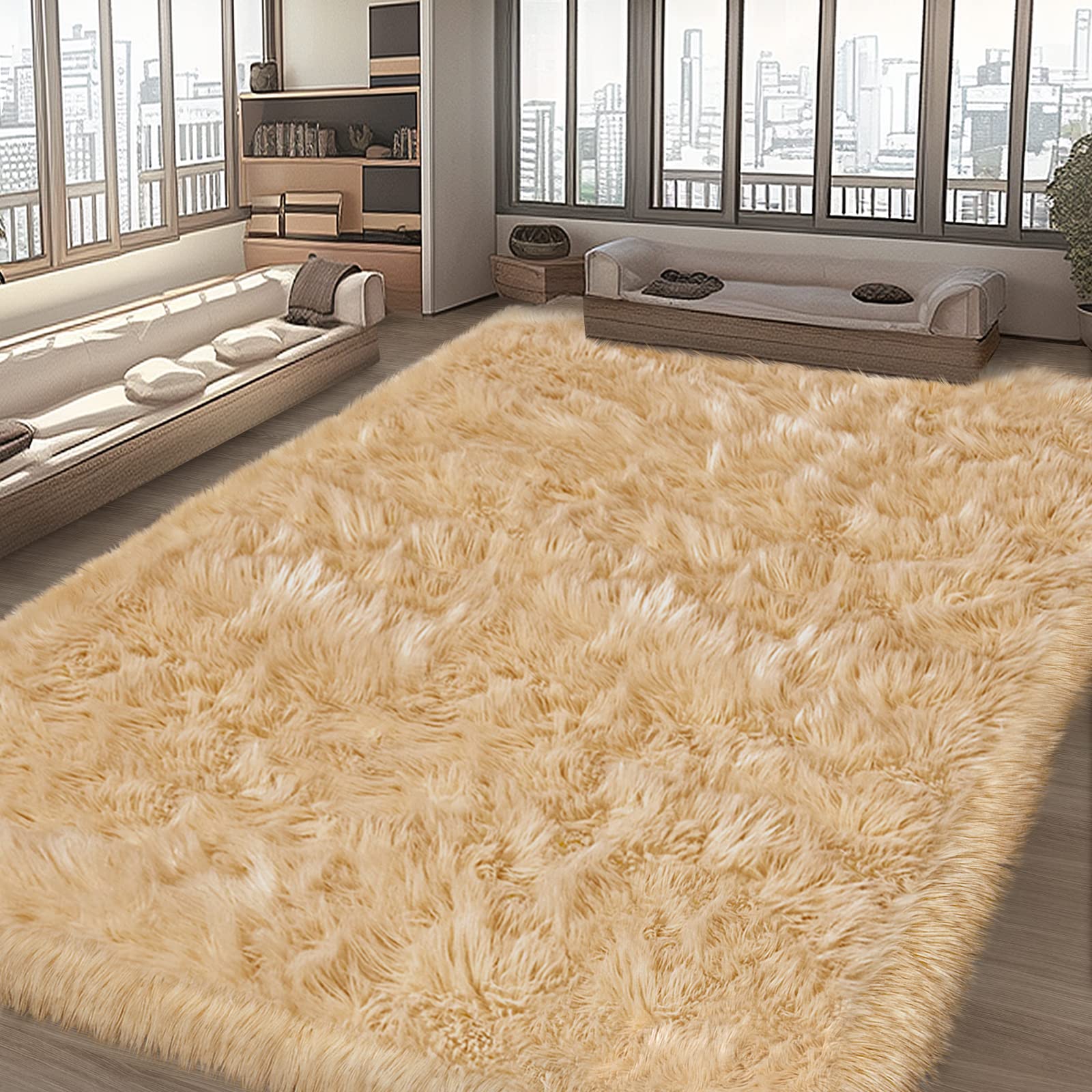 Amazon.com: Tangsoo 6x9 Feet Faux Fur Area Rug, Beige Living Room Rugs ...
