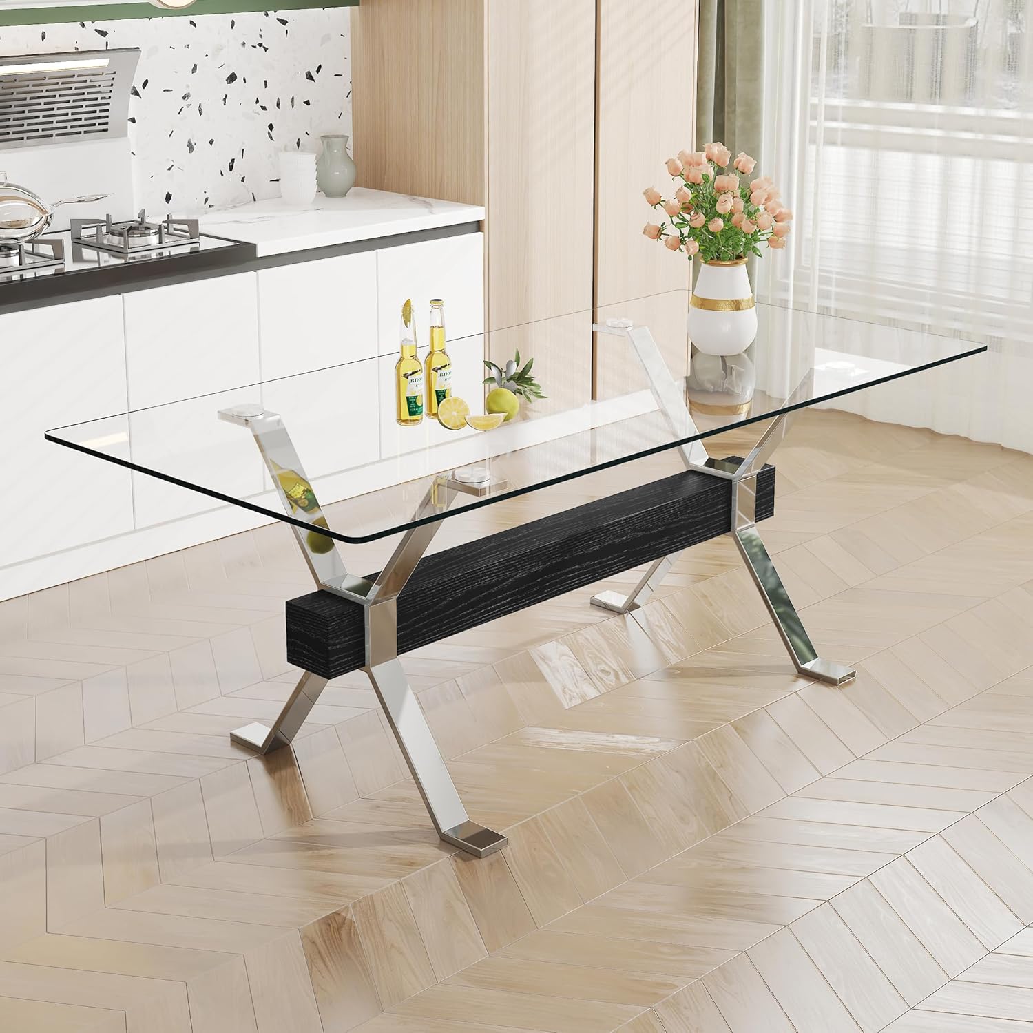 Amazon.com - Pvillez 78.74" Glass Dining Table for 8 People, Rectangle ...
