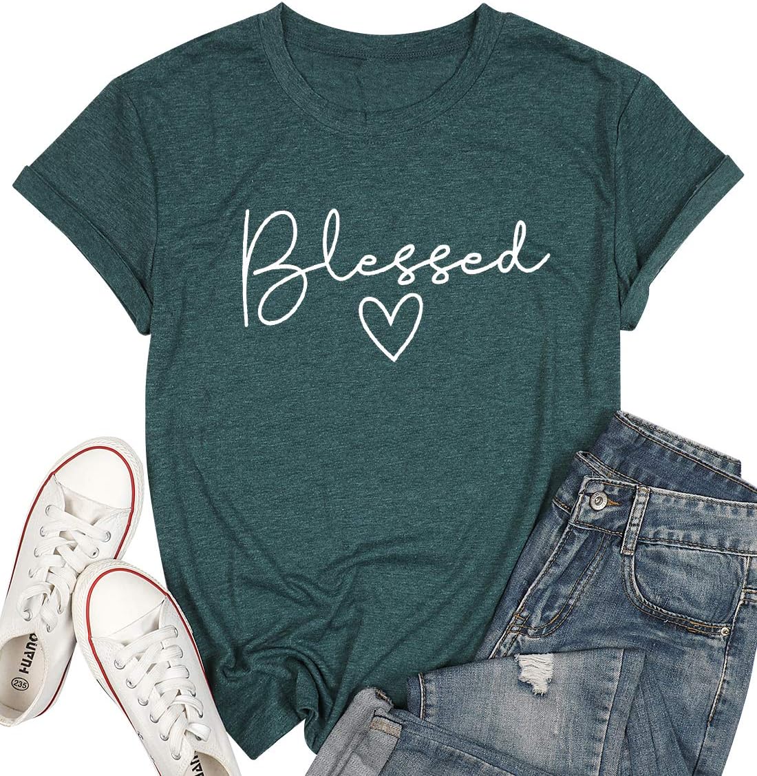 Blessed T-Shirt for Women Simple Sayings Heart Shirts Casual Short ...