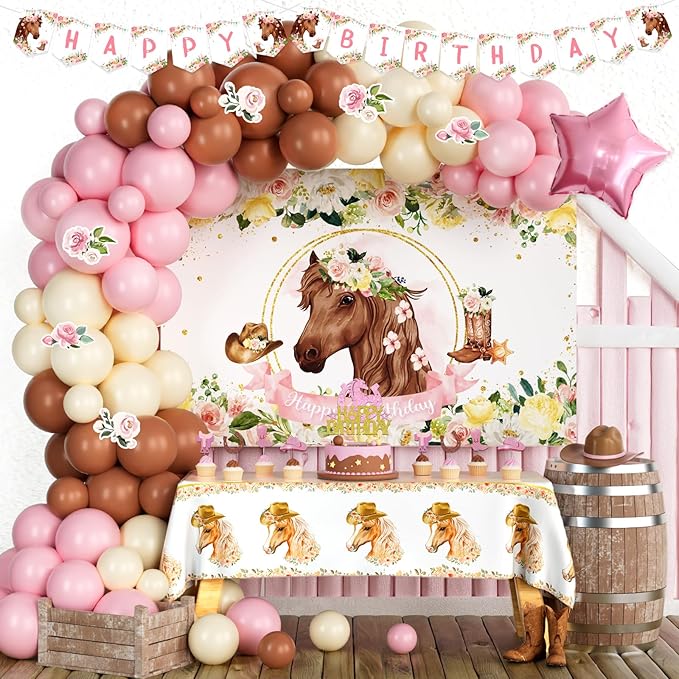 Amazon.com: Fiesec Horse Party Decorations for Girl, Floral Pink Brown ...