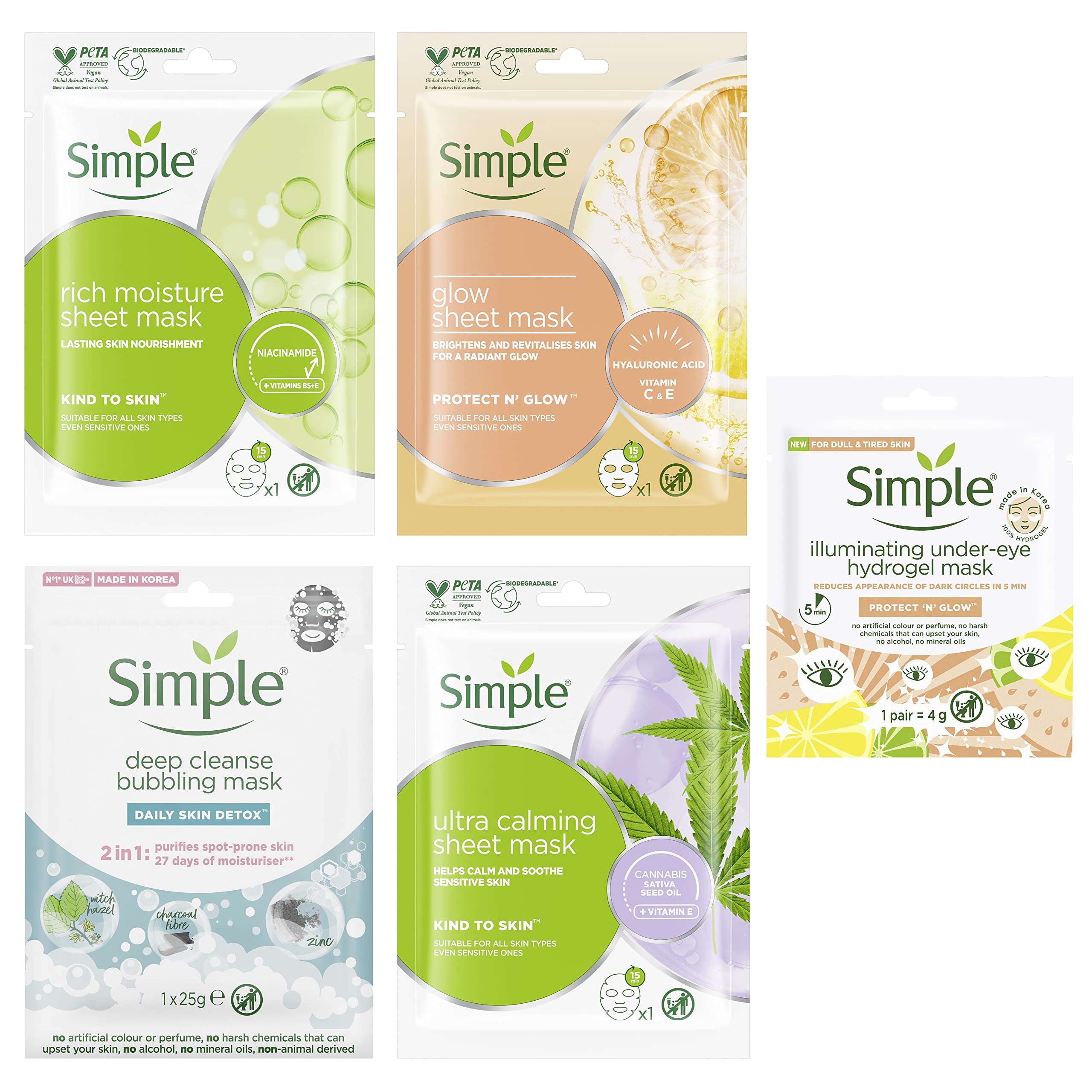 Simple Sheet Mask, Eye Mask & Charcoal Mask Regime Bundle 5 Piece ...