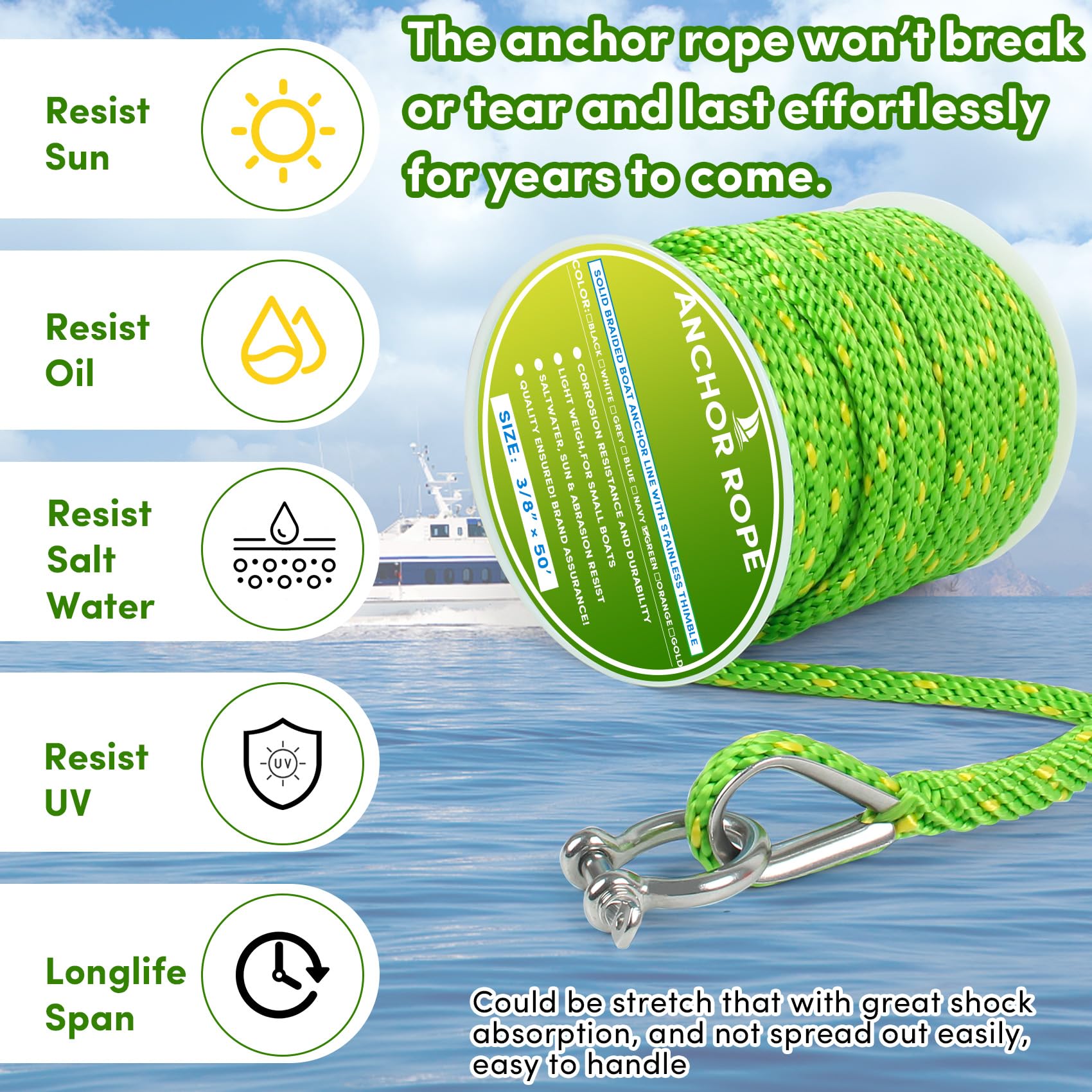 Snapklik.com : Premium Anchor Rope 50 Ft X 3/8 Inch, Solid Braid MFP ...