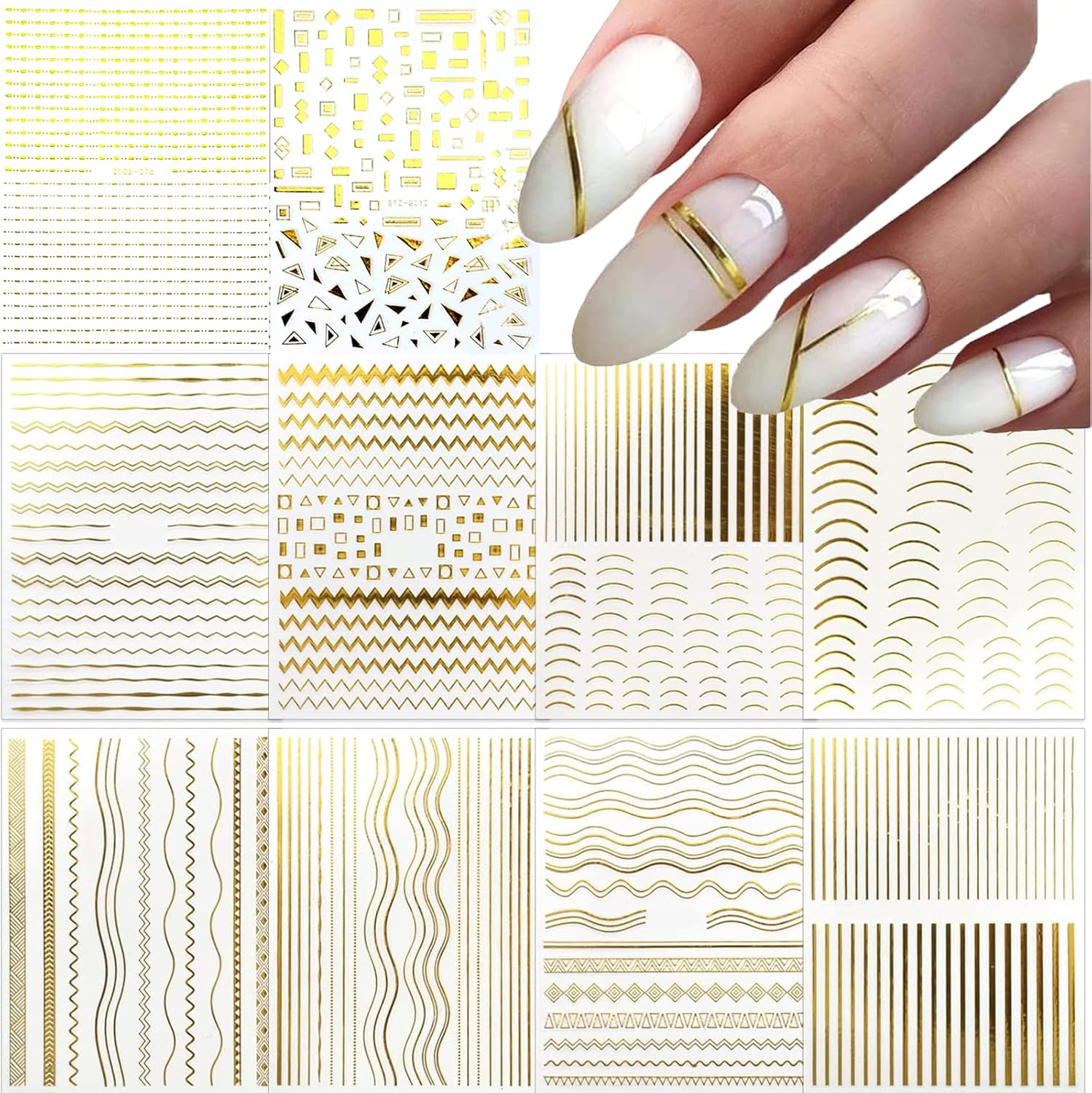 Amazon.com: 10 Sheets Gold Lines Nail Art Stickers 3D Self Adhesive ...