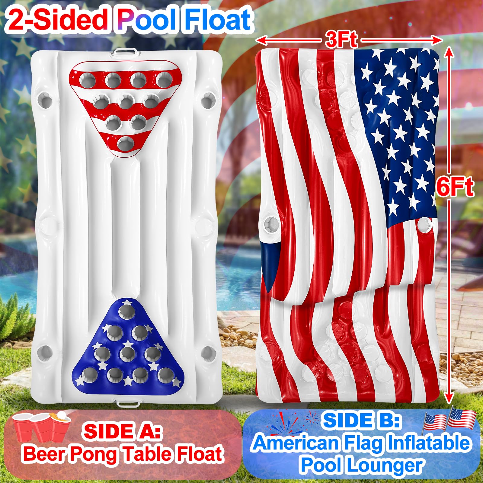 [2 in 1] 6 Ft Inflatable Pool Pong Table & Giant USA Flag Pool Lounger ...