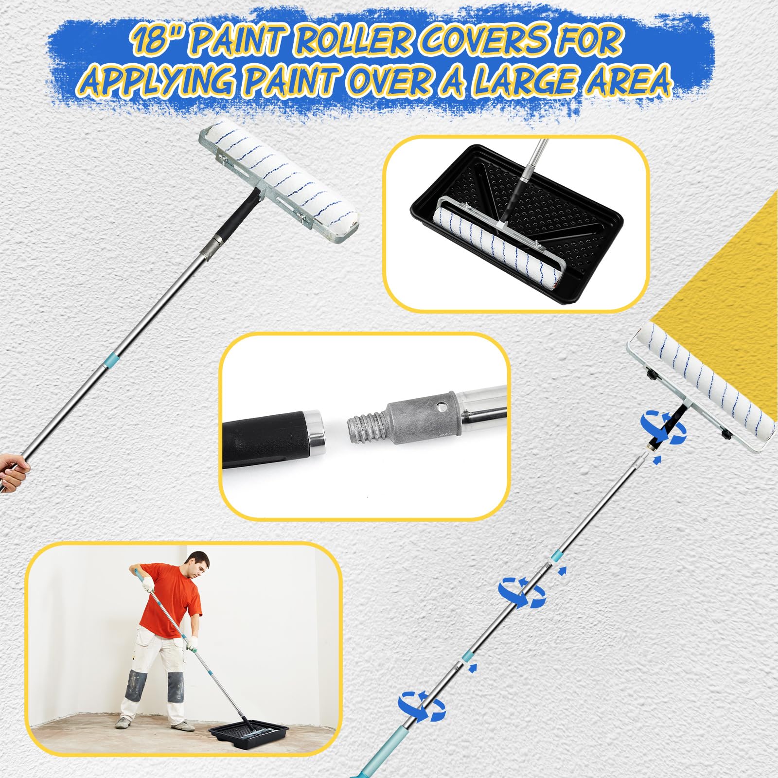 35 Pcs Large Paint Roller Kit 1-5 ft Steel Extension Pole 6 Pcs 18 ...