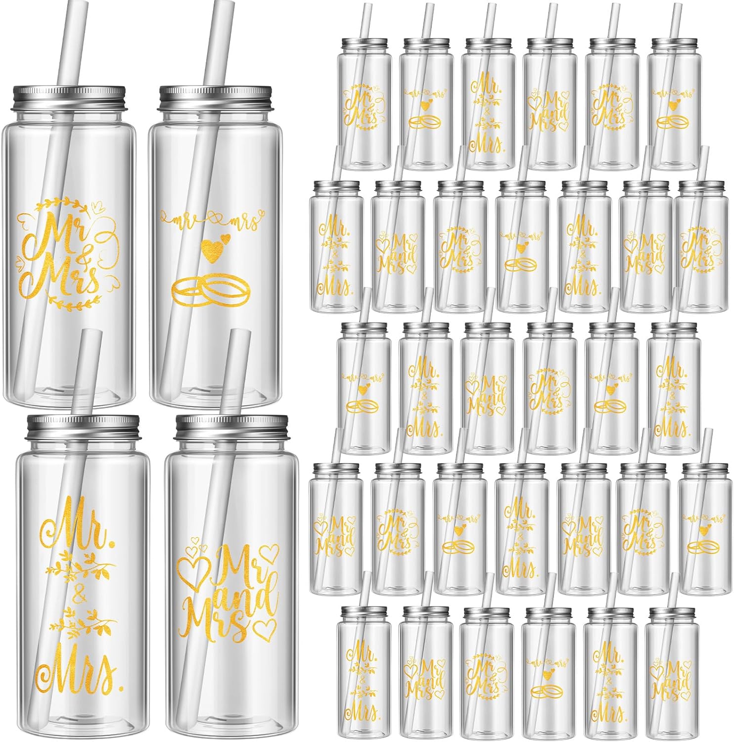 Amazon.com | Skylety 36 Sets Mr & Mrs Plastic Cups with Lids and Straws ...