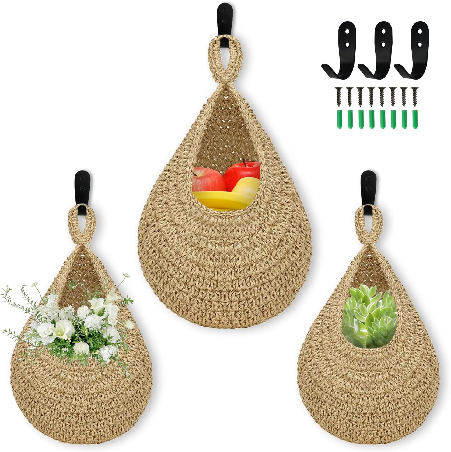 Amazon.com - 9 Pcs Jute Hanging Fruit Baskets for Kitchen Boho Hanging ...