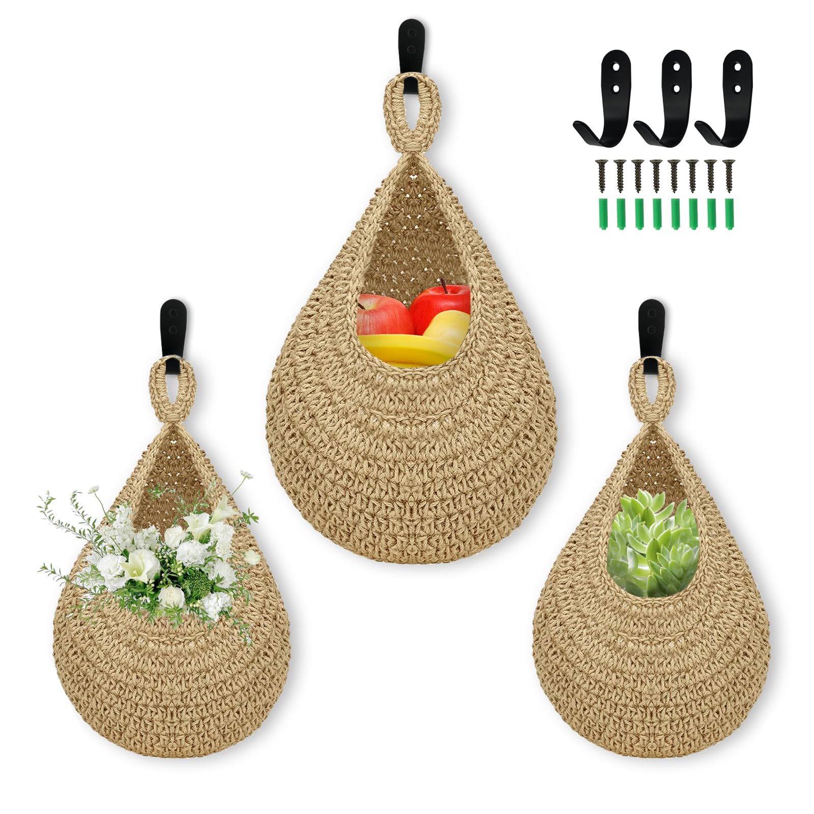 Amazon.com - ANRUI Hanging Wall Basket, 3 Pack Boho Woven Hanging Fruit ...