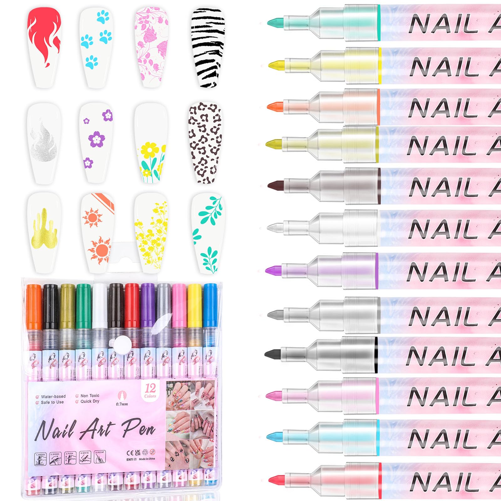 Amazon.com: ASTONFOG 12PCS Nail Art Pens Set,3D Nail Polish Pens Quick ...