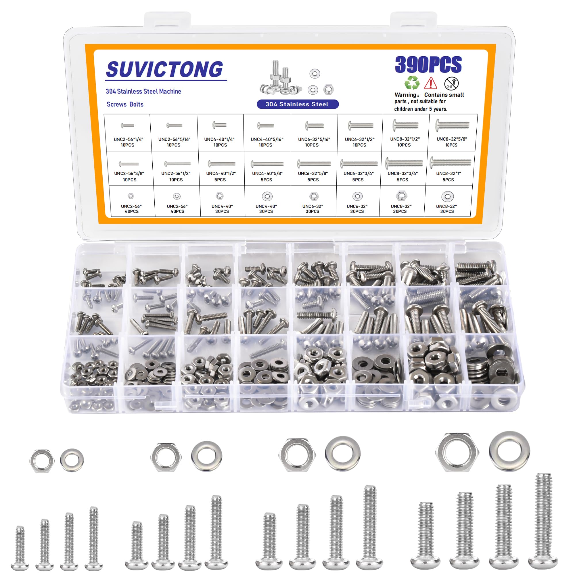 390Pcs Machine Screws Assortment kit,304 Stainless Steel Phillips Pan ...