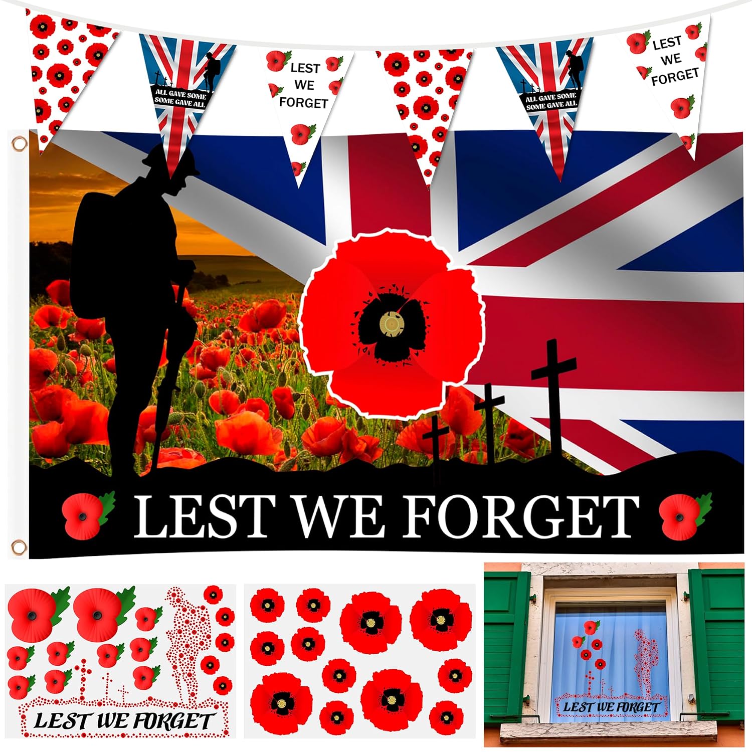 QCYFJZFU Set of 4 Remembrance Day Decorations, Lest We Forget Flag 5ft ...