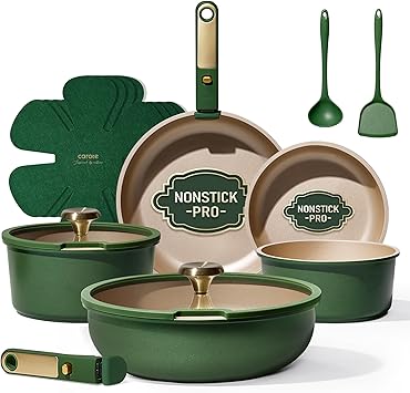 Amazon.com: CAROTE Green&Gold Nonstick Cookware Set,15Pcs Pots and Pans ...