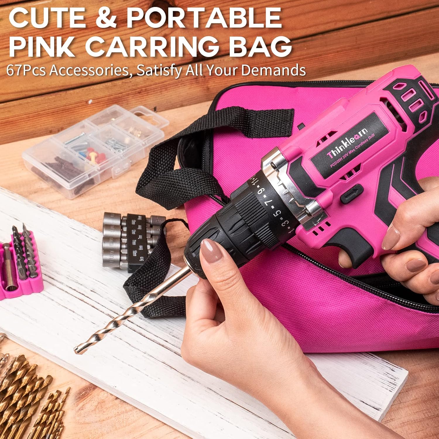 Buy Pink Cordless Drill Set, 20V Lithium-ion Power Drill Set for Women ...