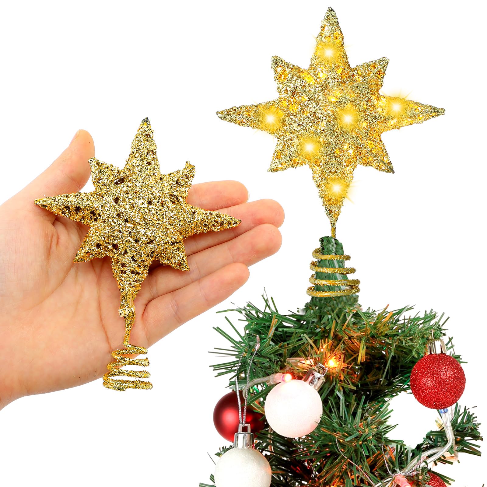 Amazon.com: Gejoy Mini Christmas Tree Star Topper with Lights Glitter ...