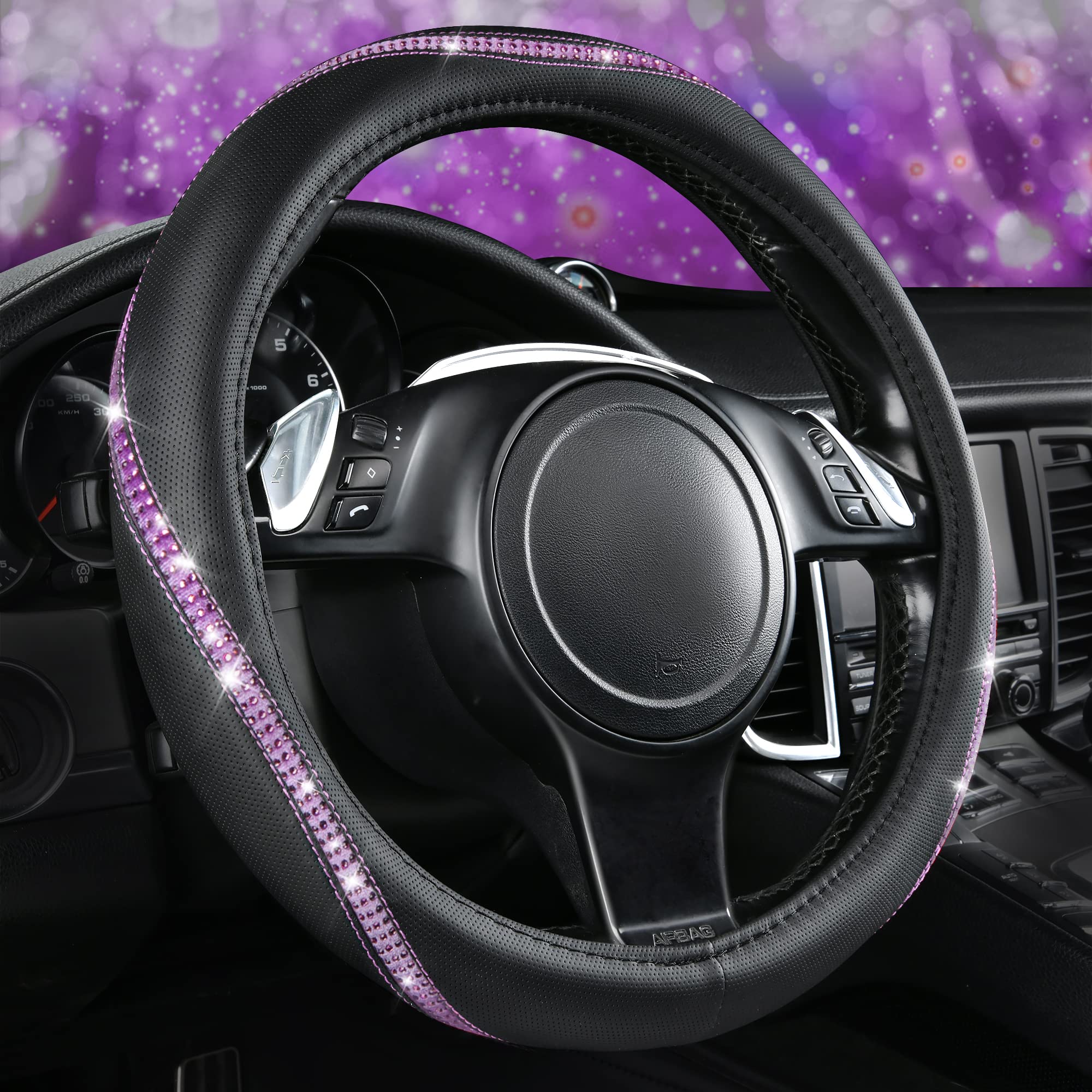 Amazon.com: CAR PASS Bling Diamond Black Leather Steering Wheel Cover ...