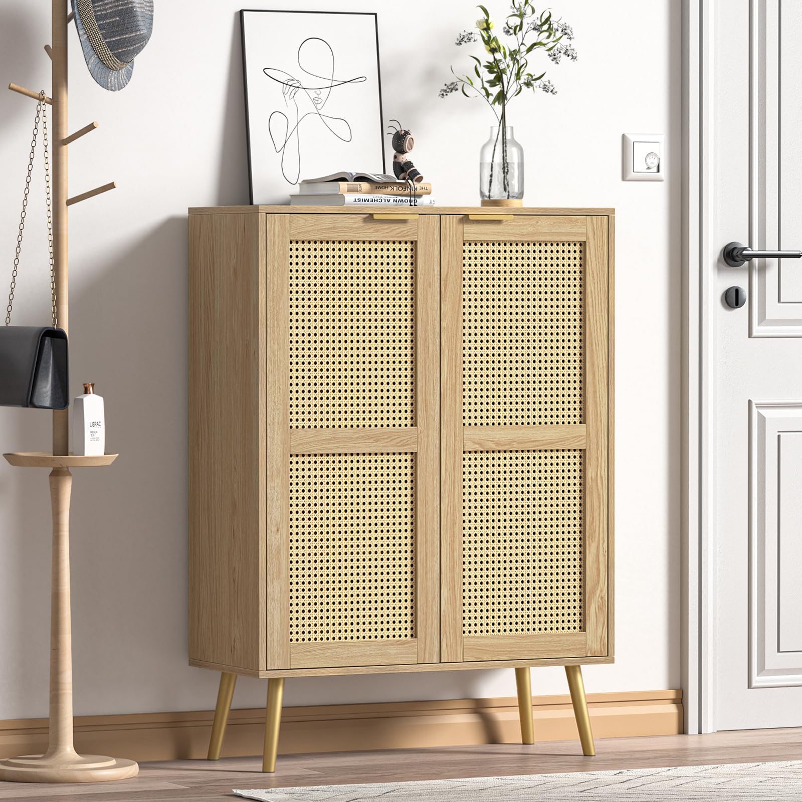 Amazon.com: Giluta 44" H Tall Wood Rattan Cabinet, 2 Doors Sideboard ...
