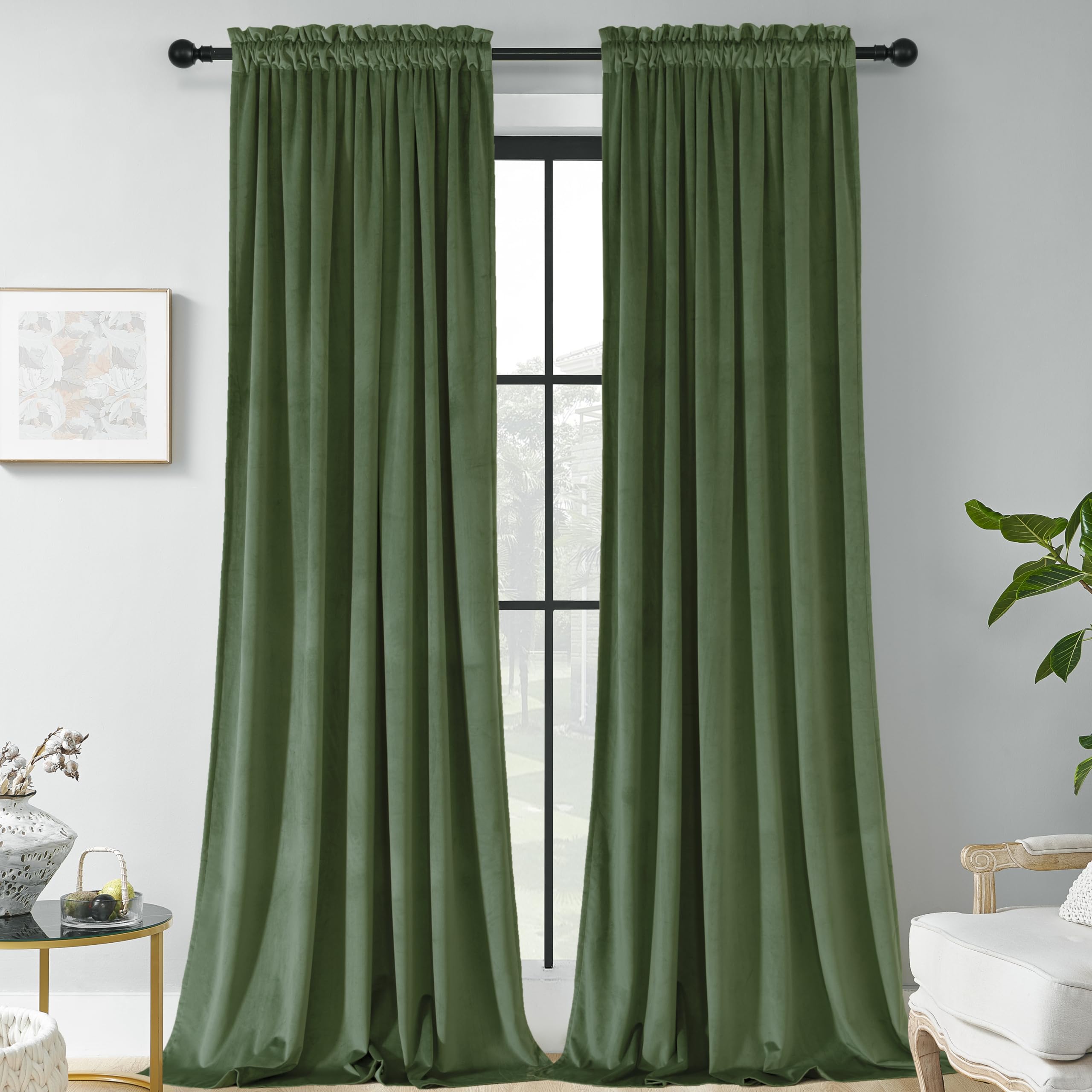 Green Velvet Curtains 120 inches Super Soft Home Decor Room Darkening ...